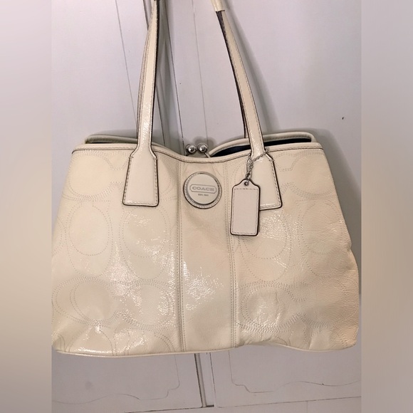 Coach | Bags | Coach Cream Signature Tote With Leather Trim | Poshmark